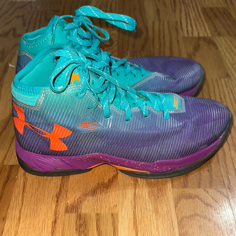 Steph Curry Under Purple And Teal Basketball Shoes Si… - Gem
